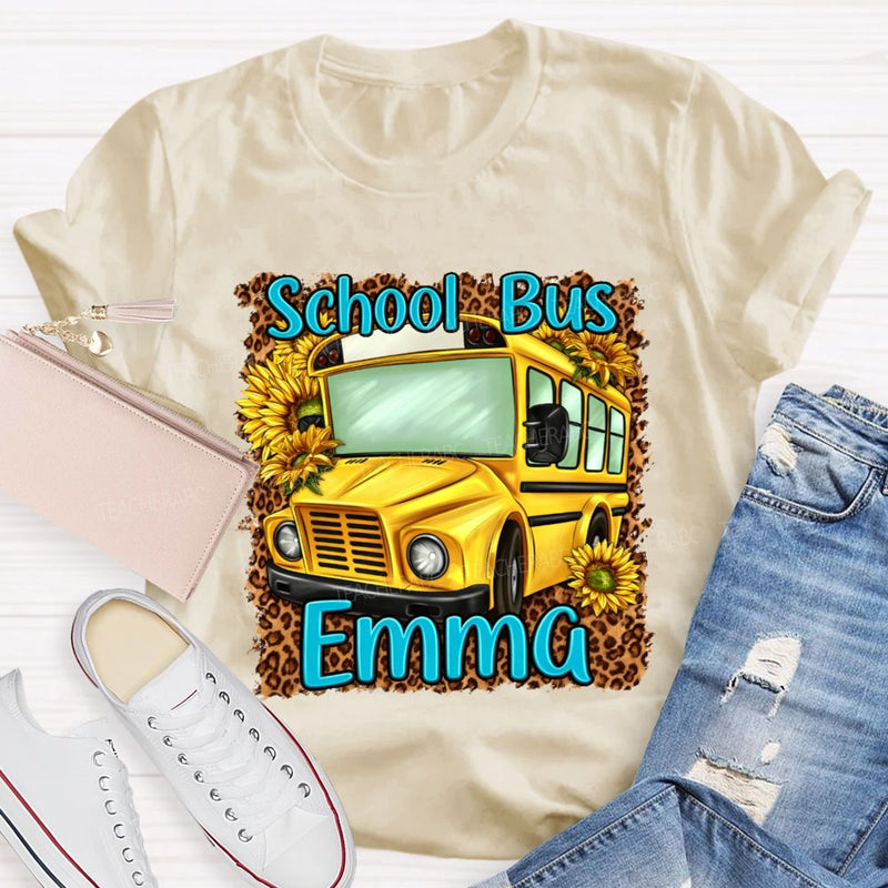 Personalized Name School Bus Leopard Print Pattern Teacher T-shirt